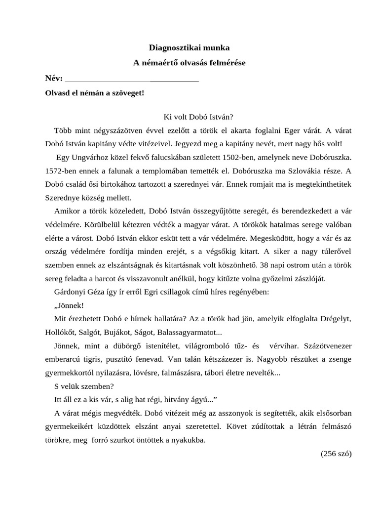 Diagnosztikai Munka OLVASÁS 3. OSZT. | PDF