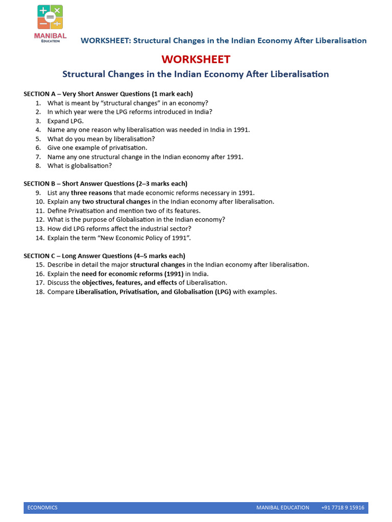 WORKSHEET - Structural Changes in The Indian Economy After ...