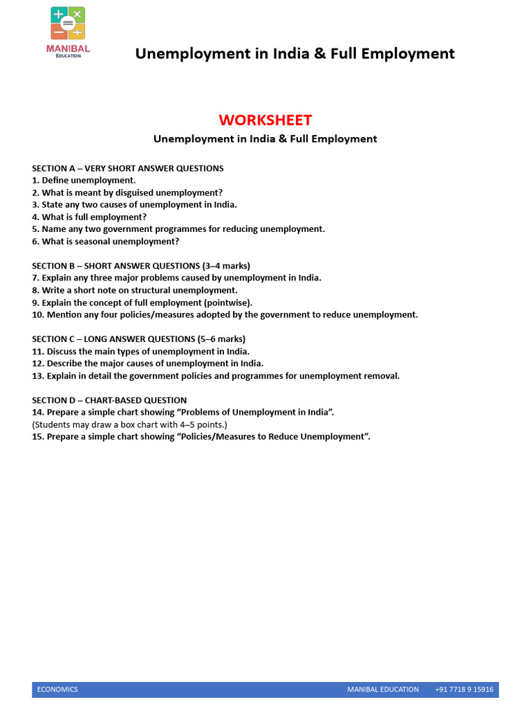 WORKSHEET Unemployment in India & Full Employment | PDF | Unemployment ...