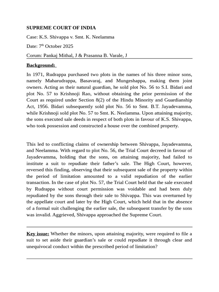 Note On K.S. Shivappa v. Smt. K. Neelamma | PDF | Lawsuit | Common Law