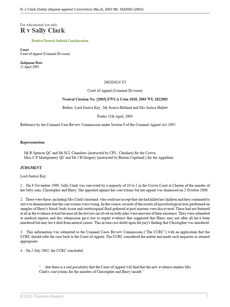 R v Clark (Sally) (Appeal Against Conviction) (No2) | PDF | Autopsy