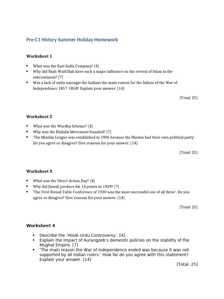 (Pre-C1) History Summer Homework C1 | PDF | Muhammad Ali Jinnah
