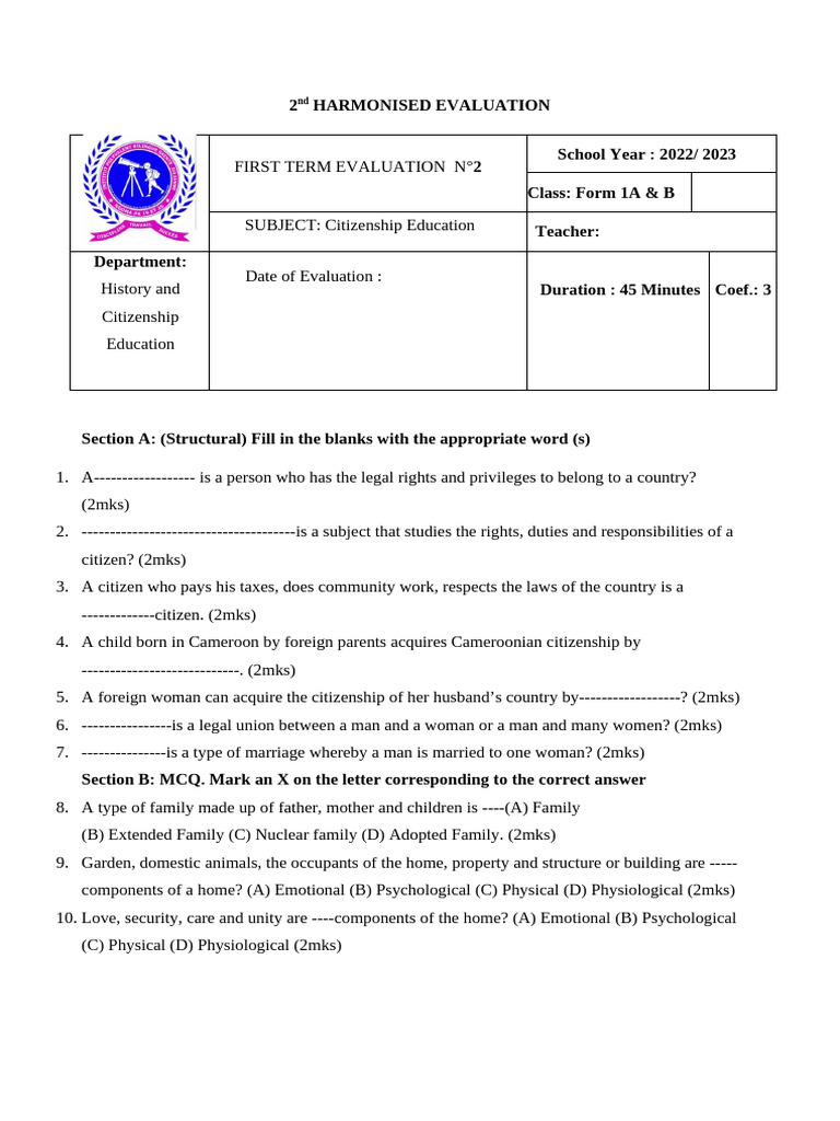 Form 1 Citizenship Edu Second Sequence 2021 | PDF