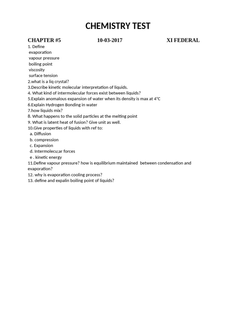 Chemistry Test: Liquids and Properties | PDF
