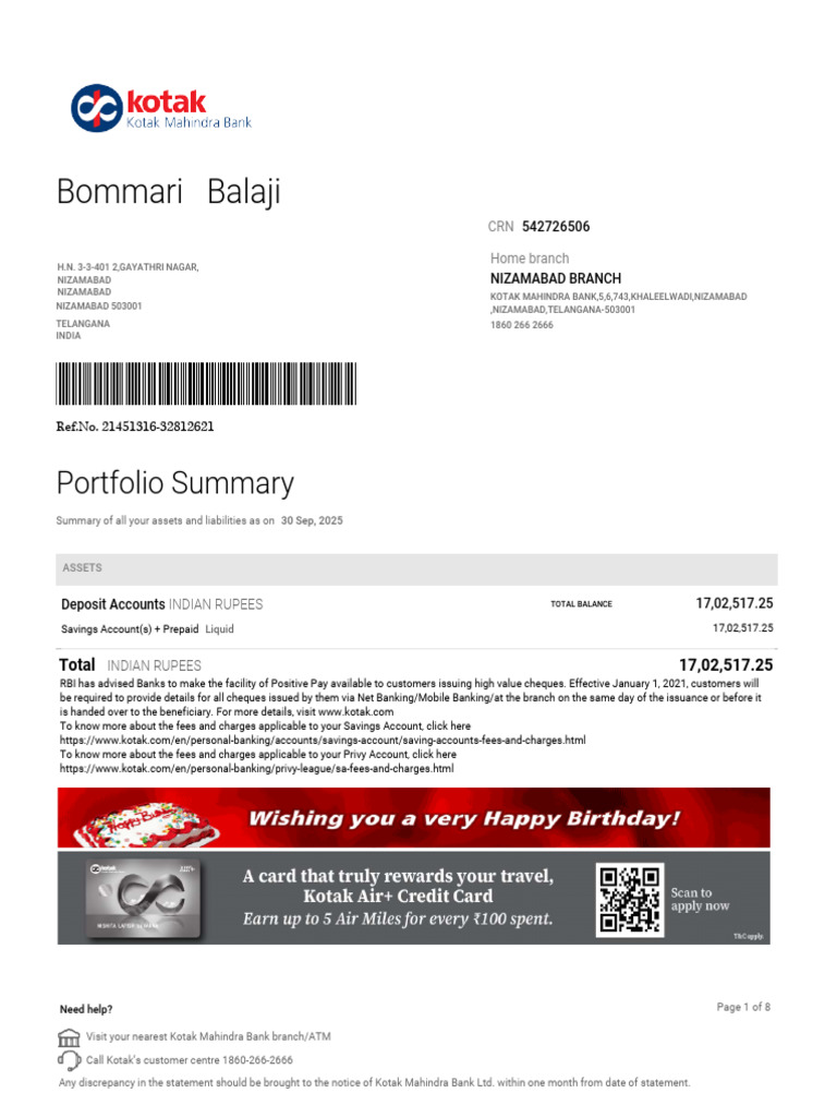 Kotak Mahindra Bank Account Statement | PDF | Banks | Payments