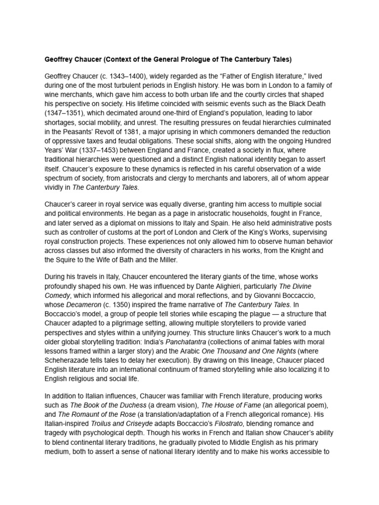Geoffrey Chaucer (Context of the General Prologue of the Canterbury ...