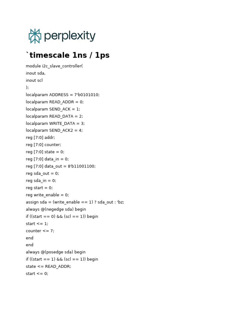 'Timescale 1ns - 1ps - Module I2c - Slave - Controller ( | PDF ...