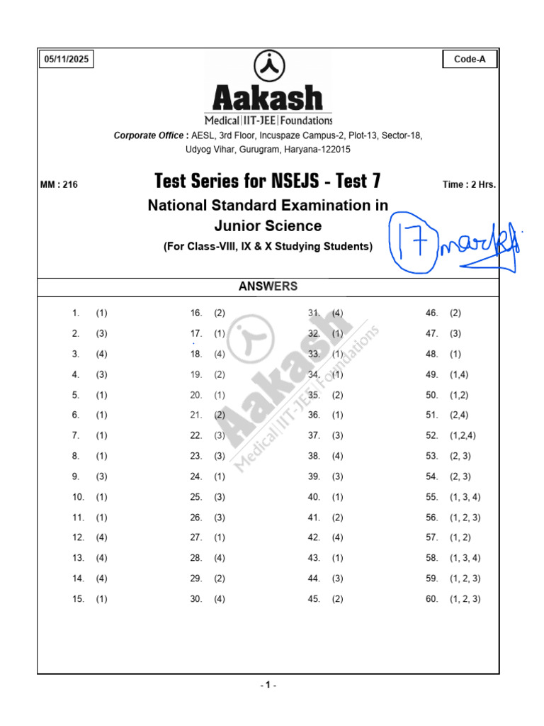 Nsejs Test-7a - Class-Viii, Ix & x (05!11!2025)_ans & Sol[1] | PDF ...