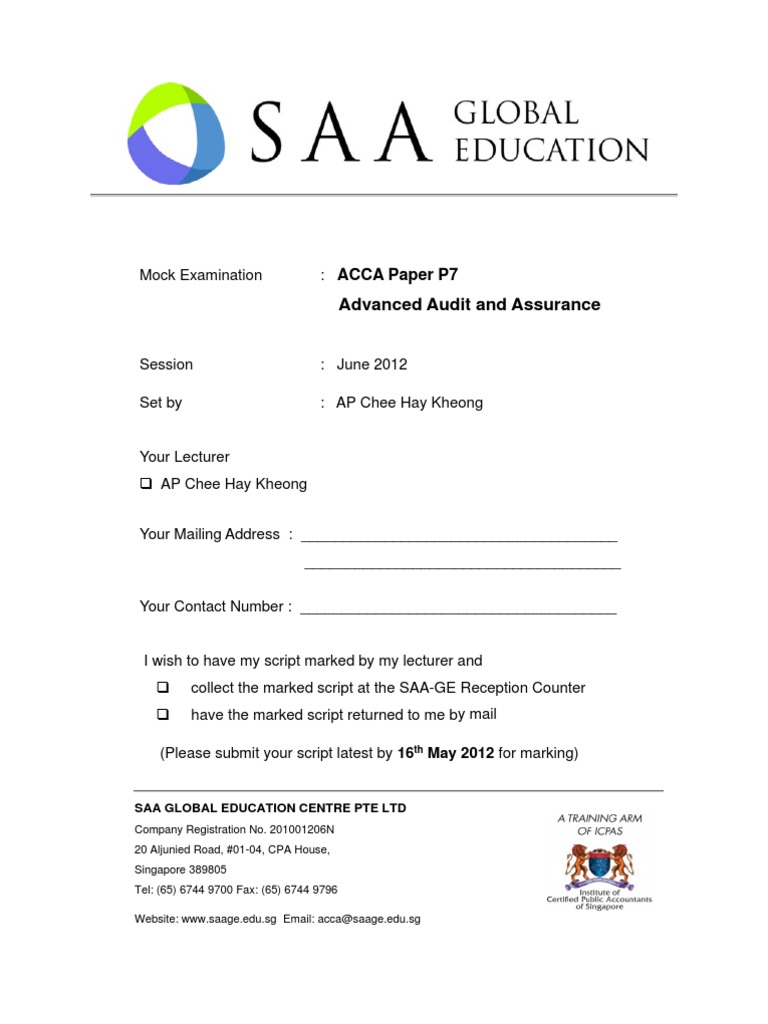 Advanced Audit and Assurance: Acca P P7 ACCA Paper P7 | PDF | Auditor's ...