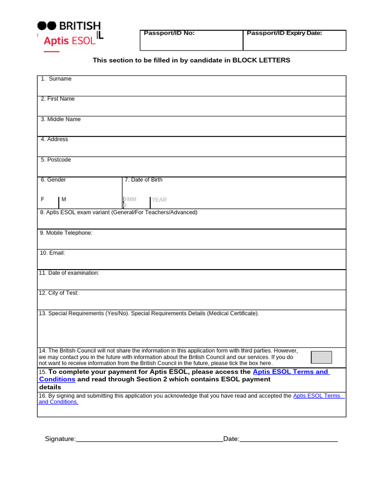Aptis Esol Application Form British Council Uzbekistan 1 | PDF