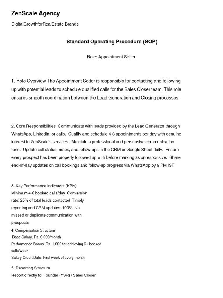 Appointment Setter SOP for ZenScale Agency | PDF