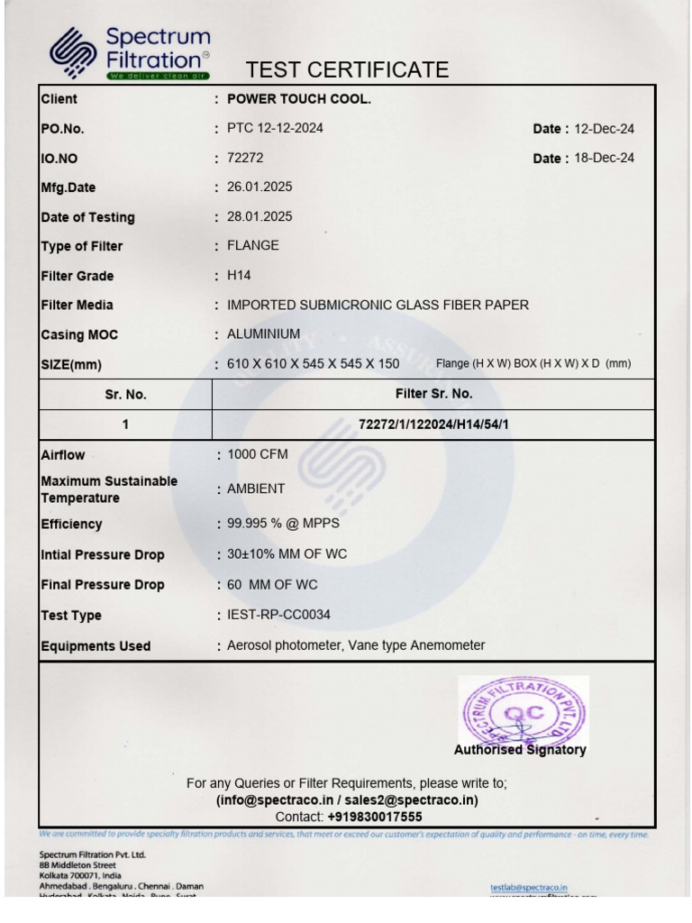 Filter Test Certificate for PTC 2024 | PDF | Equipment | Engineering ...