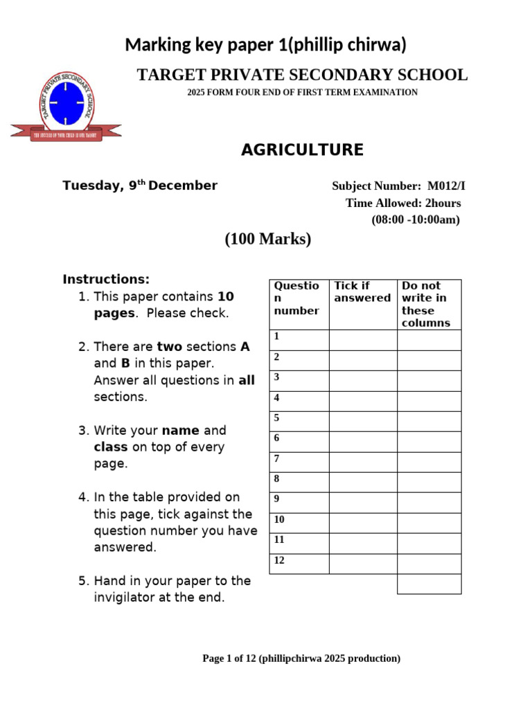 Agriculture Exam Marking Key 2025 | PDF | Soil | Plant Nutrition