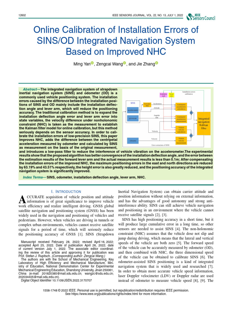 Online Calibration of Installation Errors of SINS OD Integrated Navigation System Based On ...