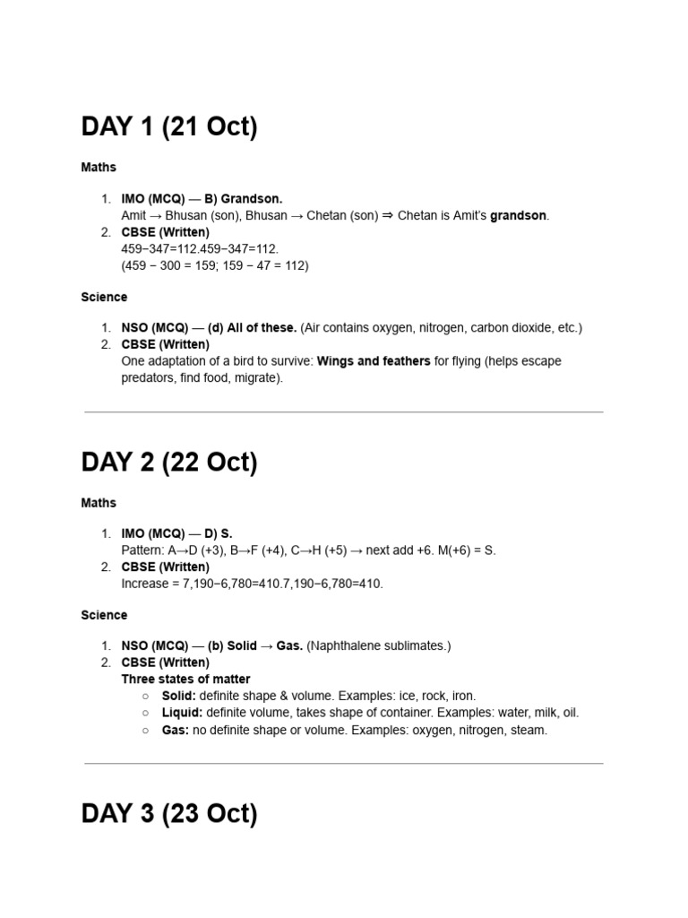 ? Grade 3 Solution - Diwali Holiday Homework (Maths & Science) | PDF ...