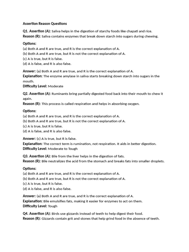 Assertion Reason Questions | PDF | Respiratory System | Digestion