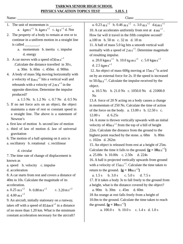 Physics Test | PDF | Force | Pressure