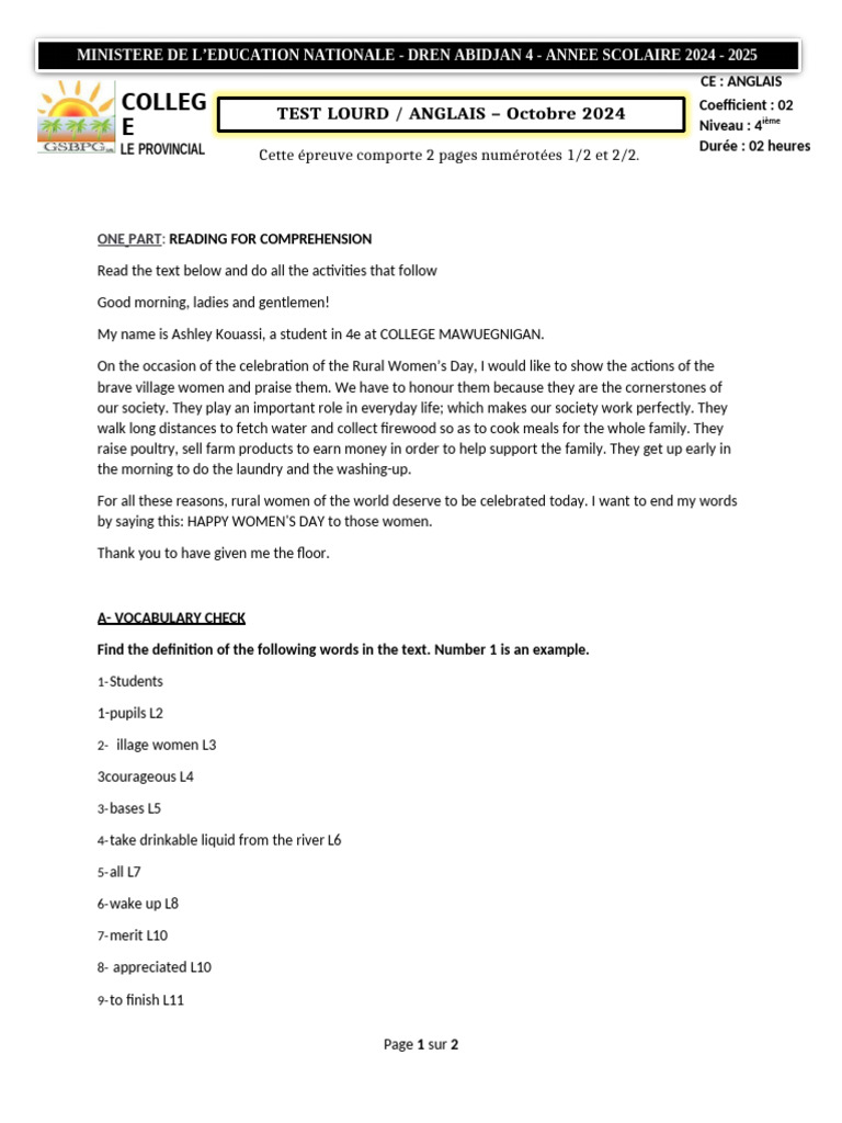 Test Lourd English Subject October 2024 Provincial 4ieme | PDF ...