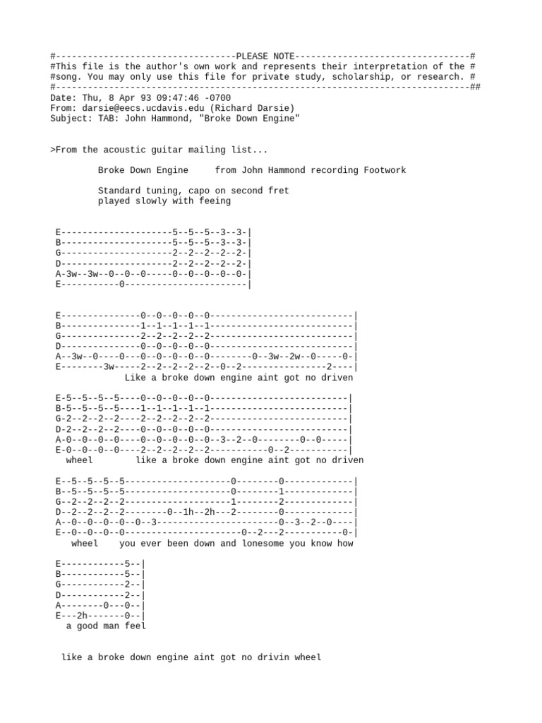 John Hammond "Broke Down Engine" TAB | PDF | Chordophones | String ...