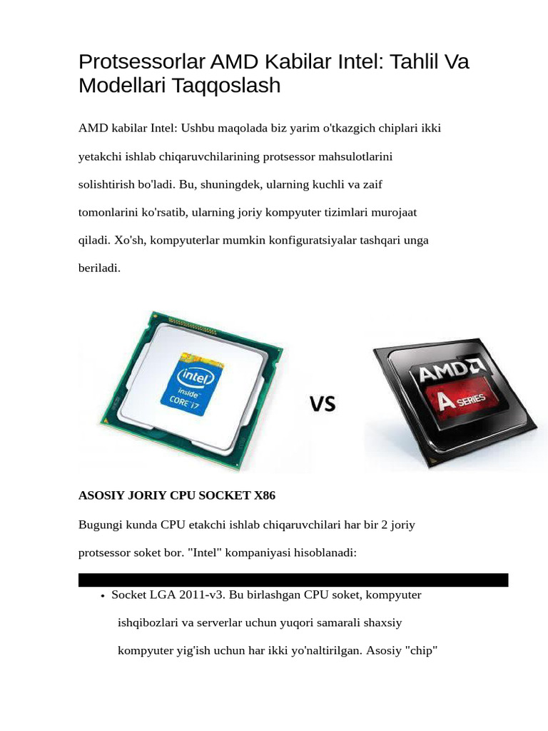 Protsessorlar AMD Kabilar Intel: Tahlil Va Modellari Taqqoslash | PDF