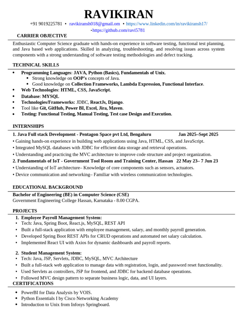 Ravi Resume | PDF | Java (Programming Language) | Model–View–Controller