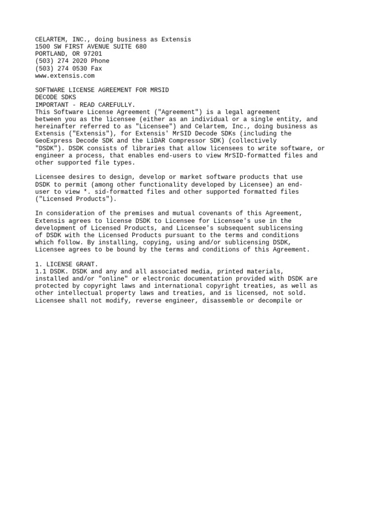 Extensis MrSID Decode SDK License Agreement | PDF | License | Damages