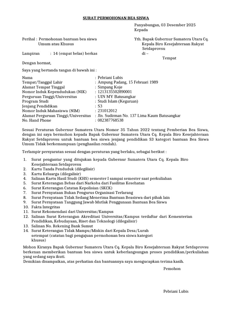 Permohonan Bea Siswa S3 Pebriani Lubis | PDF