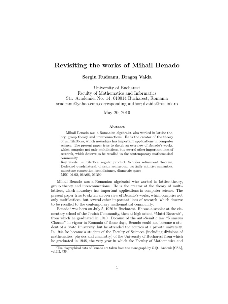 Revisiting The Works of Mihail Benado | PDF | Ring (Mathematics) | Abstract Algebra