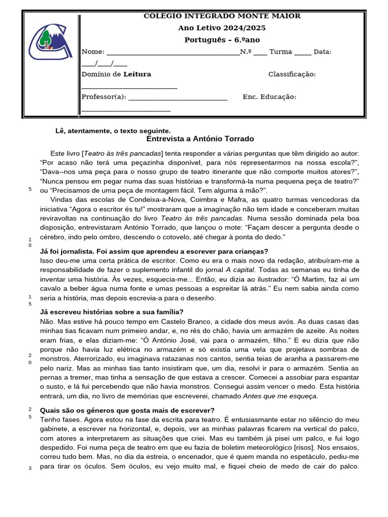 Ficha de Comp.Leitura 6.ºano_1Sem | PDF | Teatro