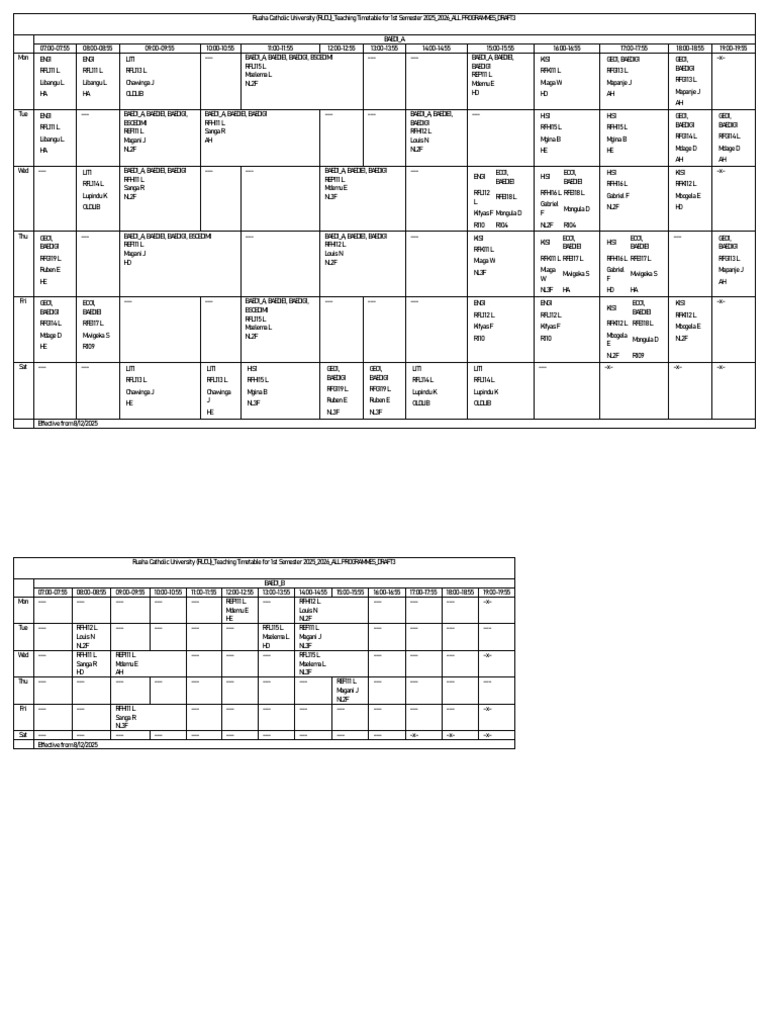 Ruaha Catholic University (RUCU) - Teaching Timetable For 1st Semester ...