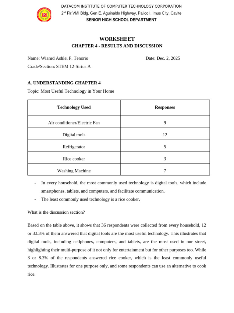 Worksheet: Chapter 4 - Results and Discussion | PDF