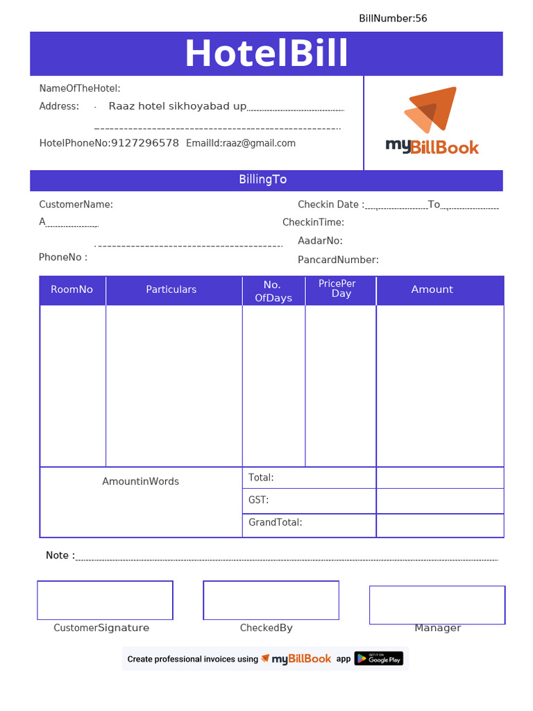 Hotel Bill Template for Raaz Hotel | PDF