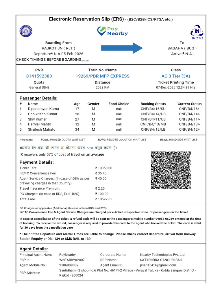 Electronic Reservation Slip for Train Travel | PDF | Identity Document