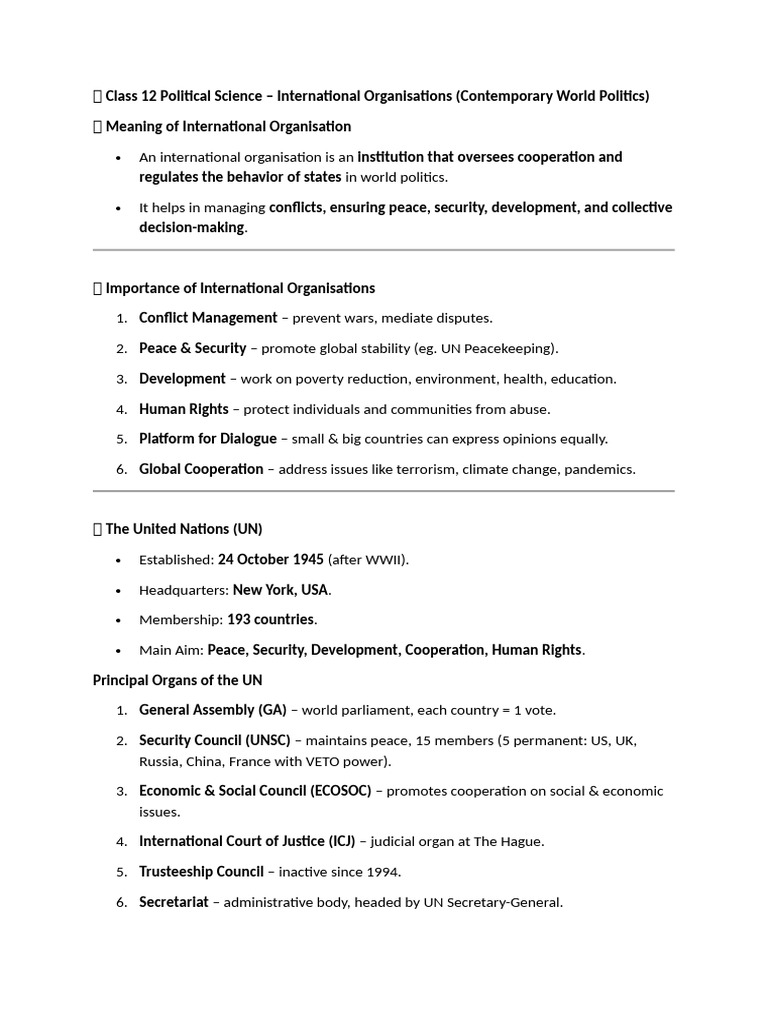 ? Class 12 Political Science Notes | PDF | Globalization | United Nations