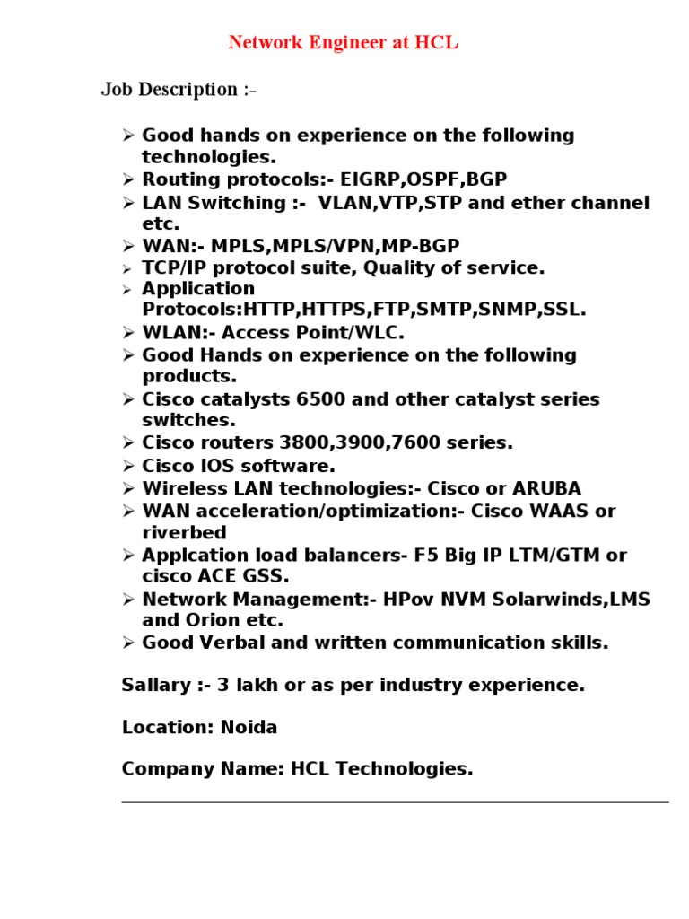 Network Engineer at HCL | PDF | Communications Protocols | Computer Network