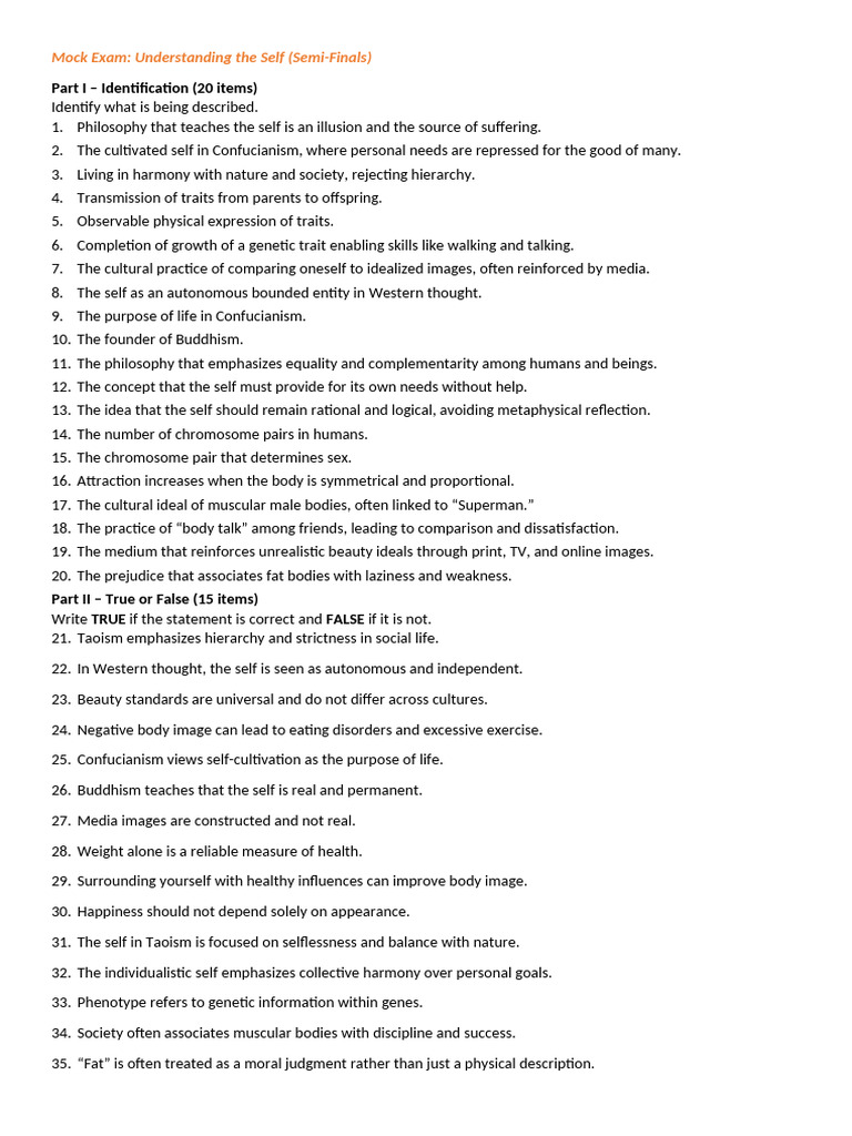 SEMI FINAL Mock Exam - Understanding The Self | PDF | Body Image | Beauty