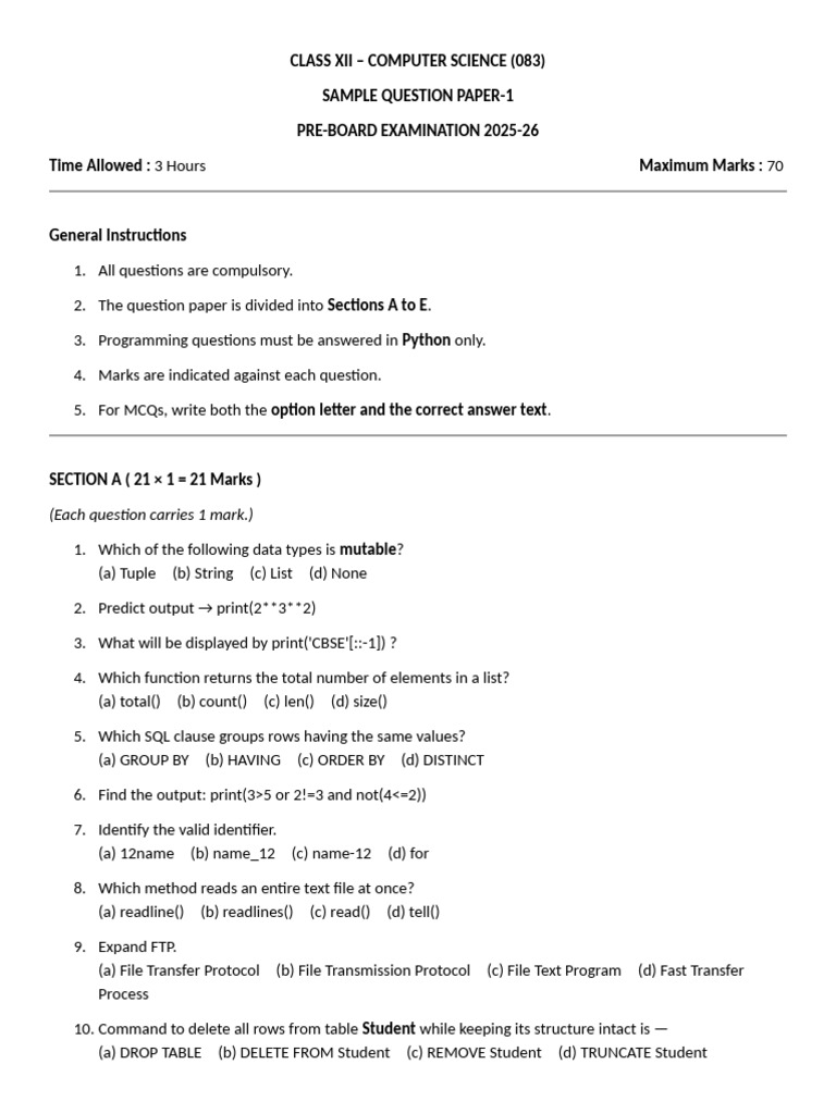 Class XII Computer Science Sample Paper | PDF | Sql | Computer Data