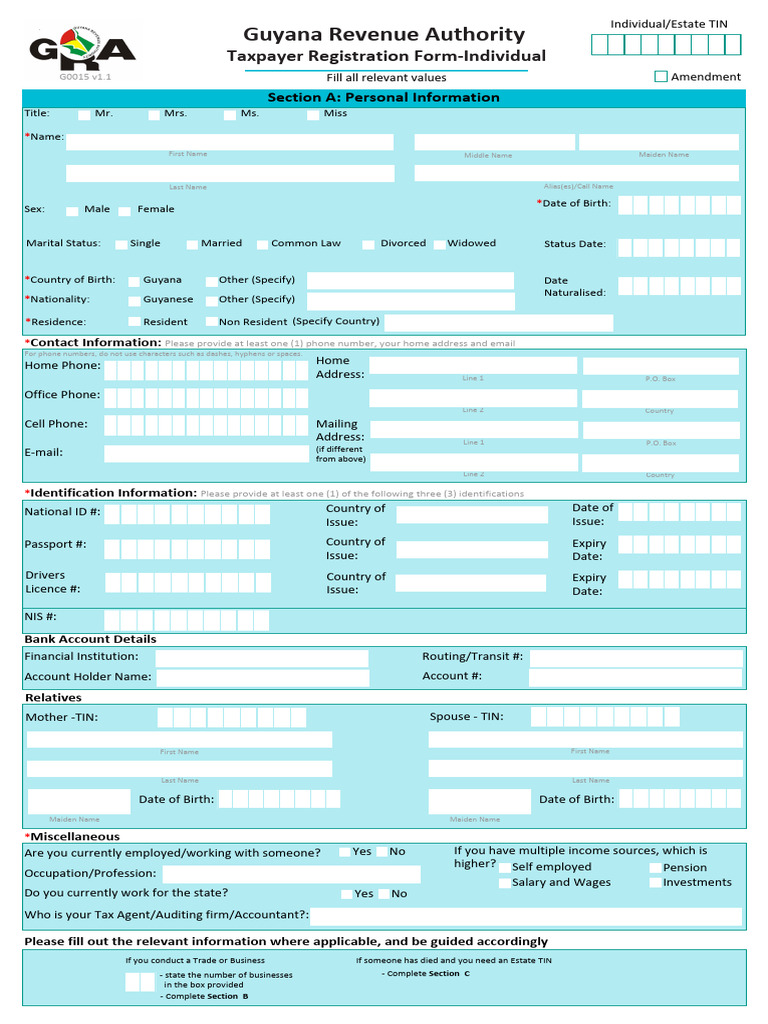Guyana Individual Tax Registration Form | PDF | Value Added Tax | Taxes