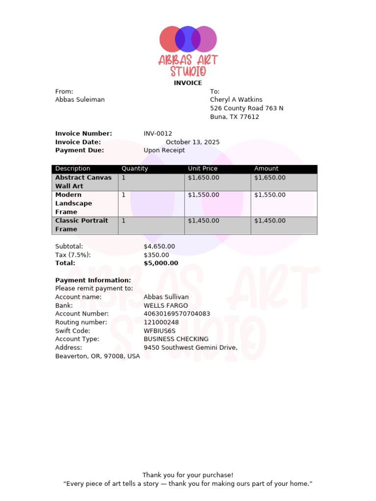 Art Invoice for Abbas Suleiman | PDF