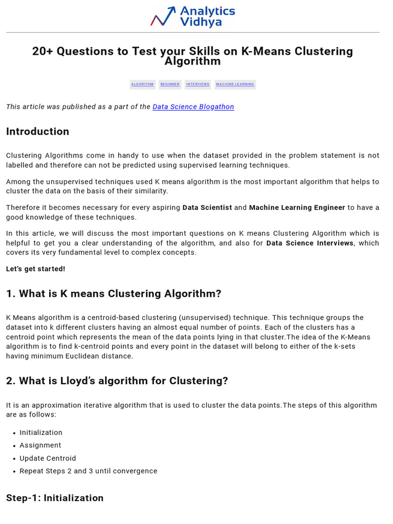 20 Questions to Test your Skills on K-Means Clustering Algorithm | PDF ...