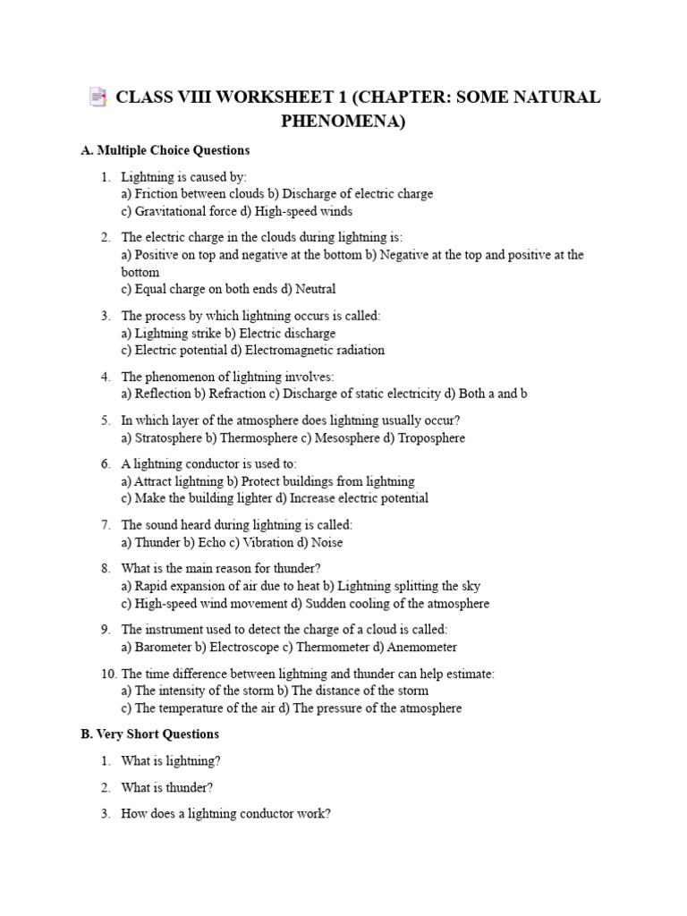 Class VIII Lightning Phenomena Worksheet | PDF | Lightning | Atmosphere ...