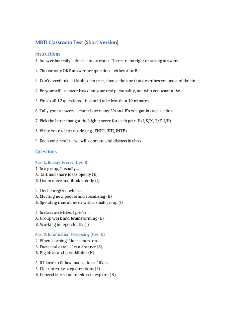 MBTI Classroom Test | PDF