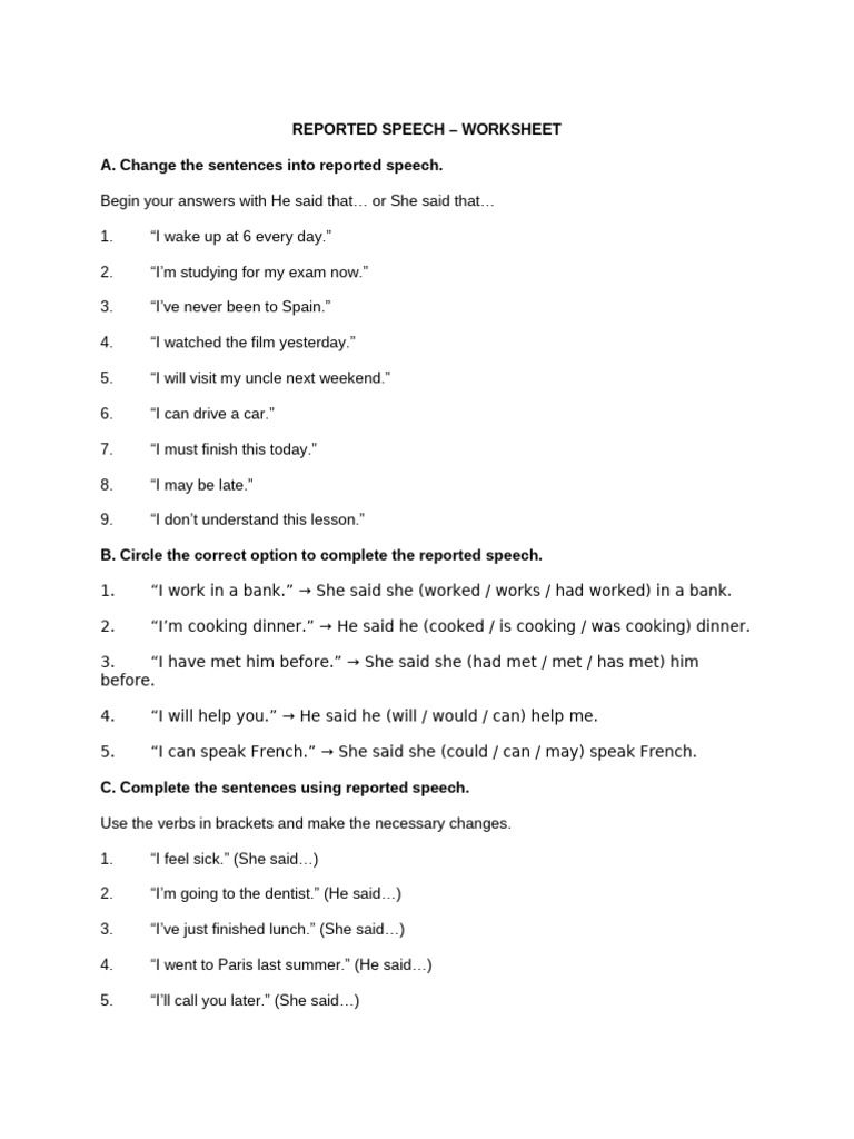 Reported Speech Worksheet Exercises | PDF
