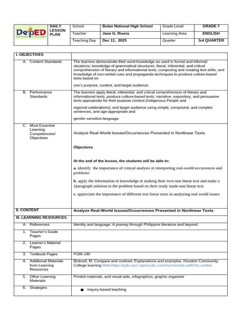 Grade 7 English Lesson Plan: Nonlinear Texts | PDF | Infographics ...