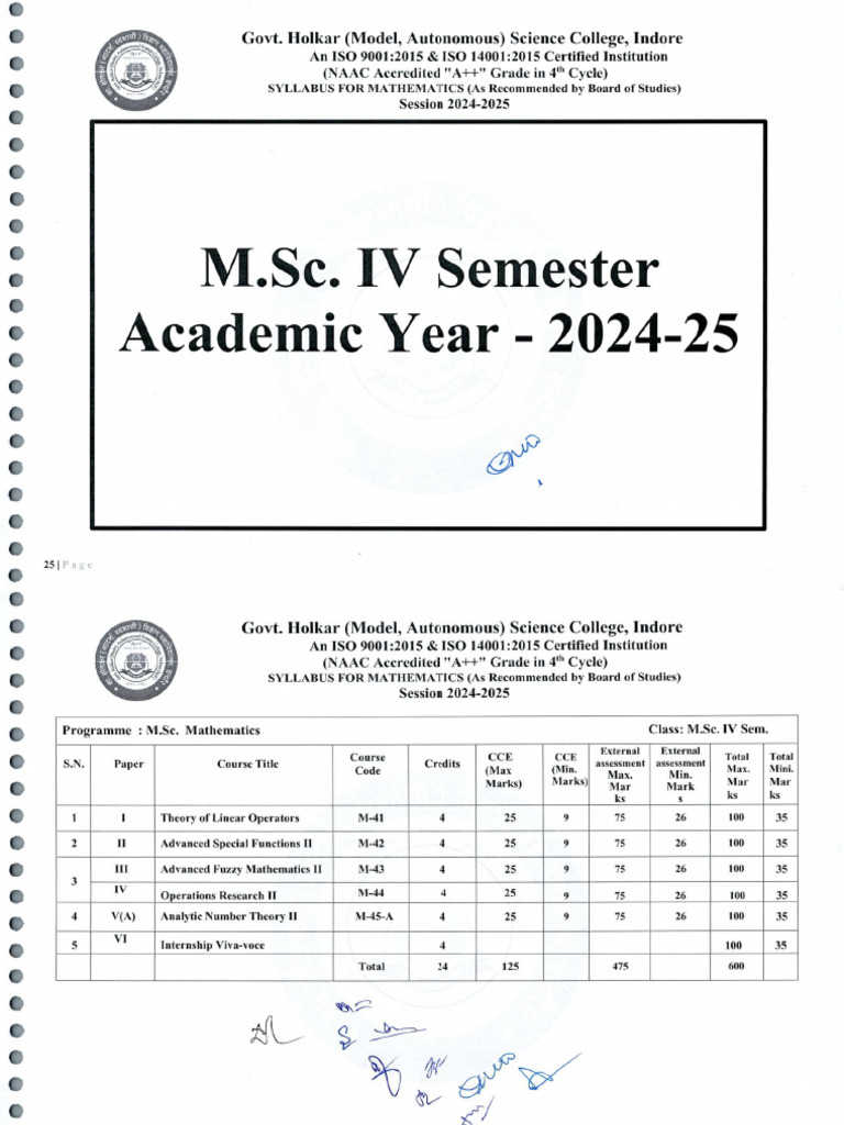 MSC Iv Sem Syllabus Combined Mathematics 2024-2025 | PDF