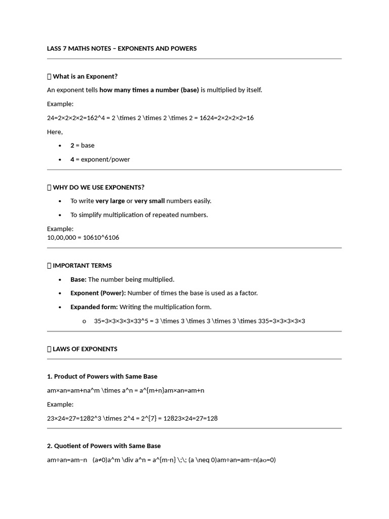Class 7 Maths: Exponents & Powers Guide | PDF