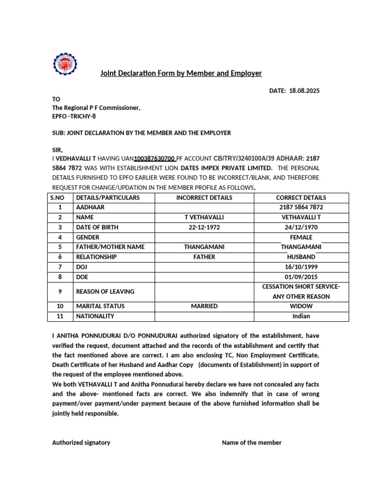 Joint Declaration For Correction in PF Website | PDF