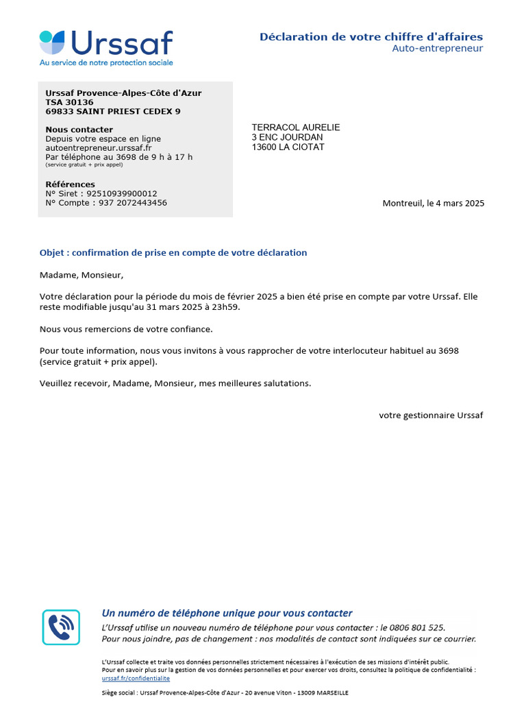 Confirmation de déclaration Urssaf 2025 | PDF