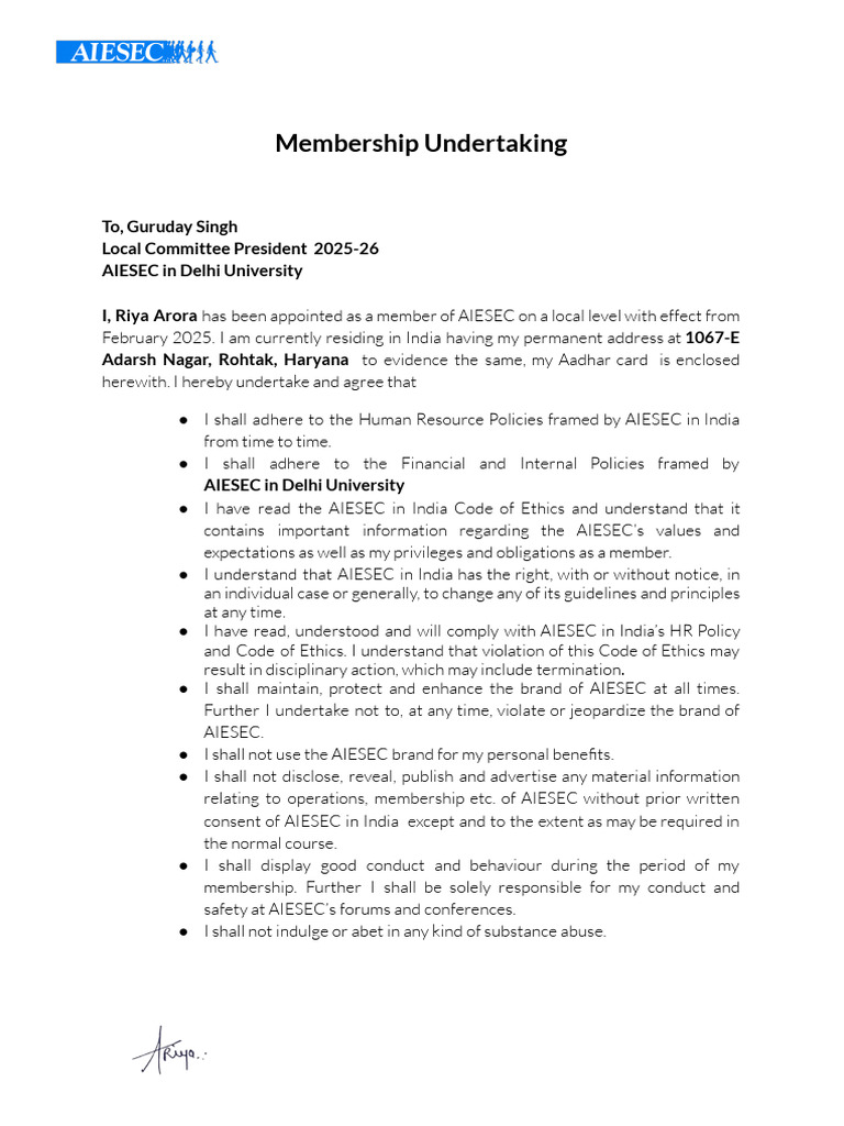 Membership Undertaking - Riya Arora | PDF | Consent | Privacy