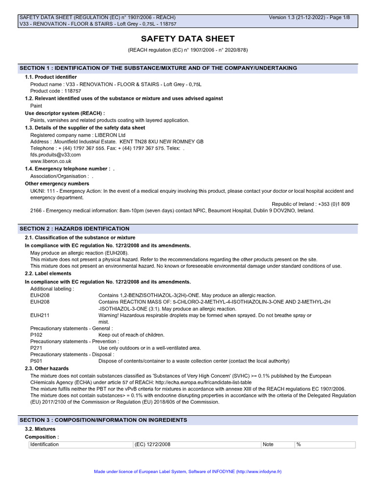 V33 Loft Grey Floor & Stairs Safety Data | PDF | Toxicity | Chemical ...